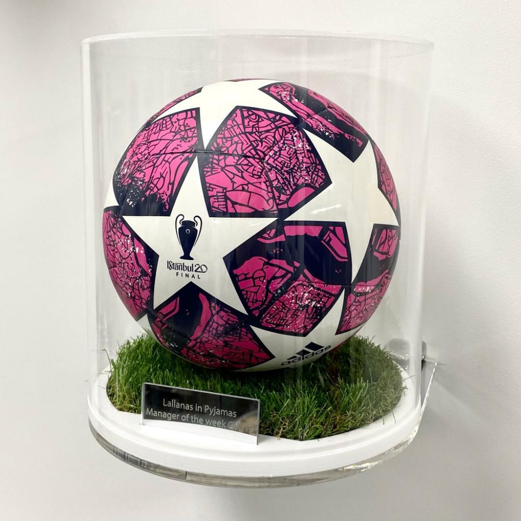 Cylindrical Football Display Case | Grass Effect Base